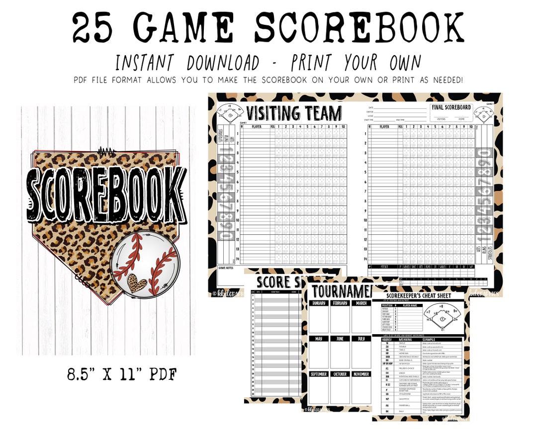 25 Game Digital Printable Softball & Baseball Sports Scorebook Pages ...