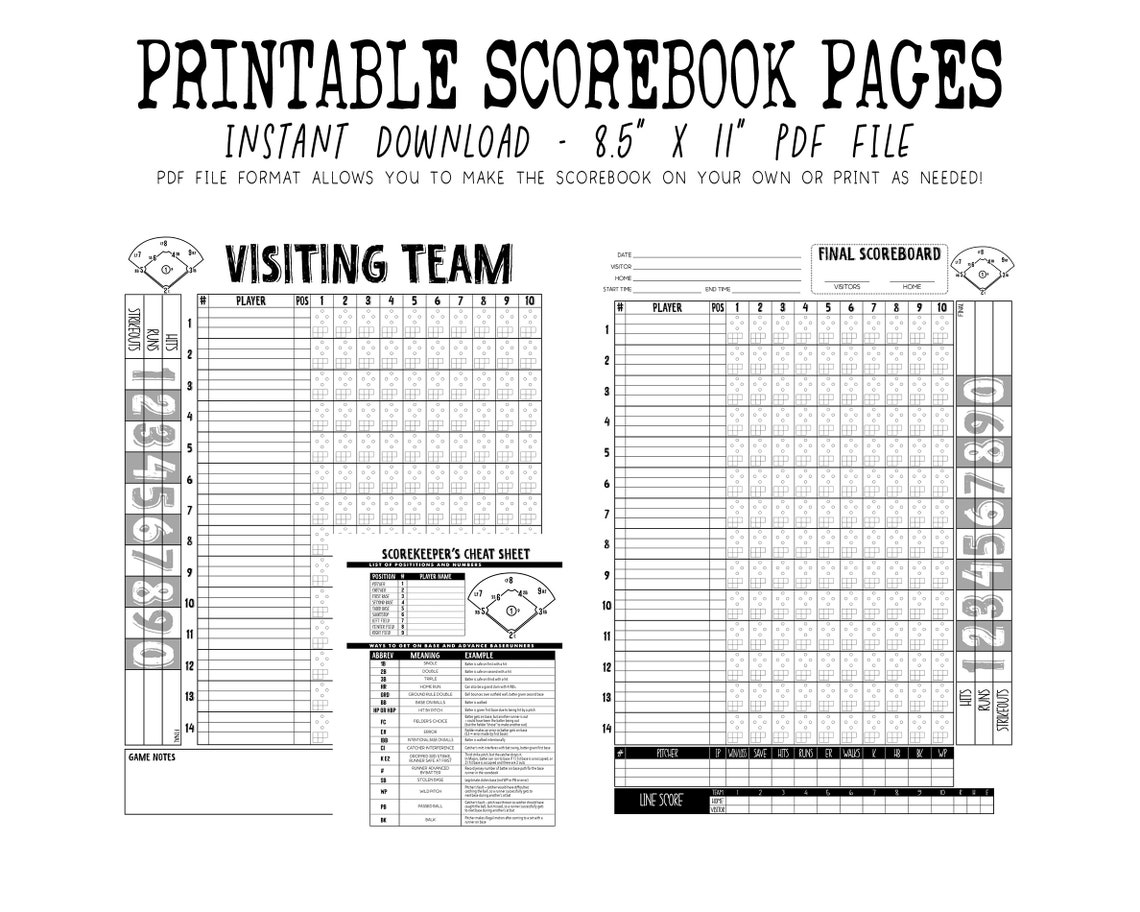Digital Printable Softball & Baseball Sports Scorebook Pages | Instant ...