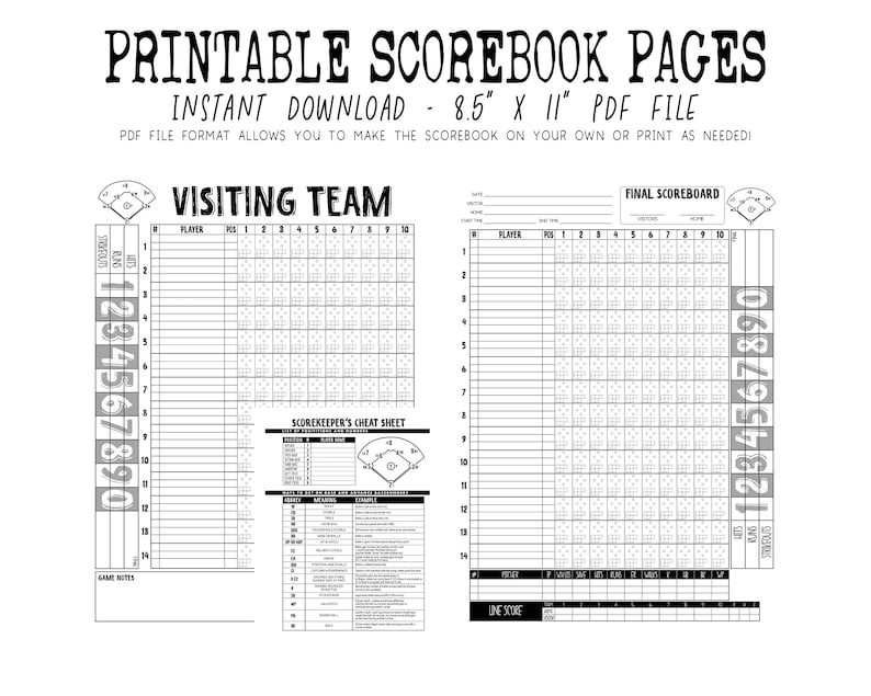Digital Printable Softball & Baseball Sports Scorebook Pages | Instant ...
