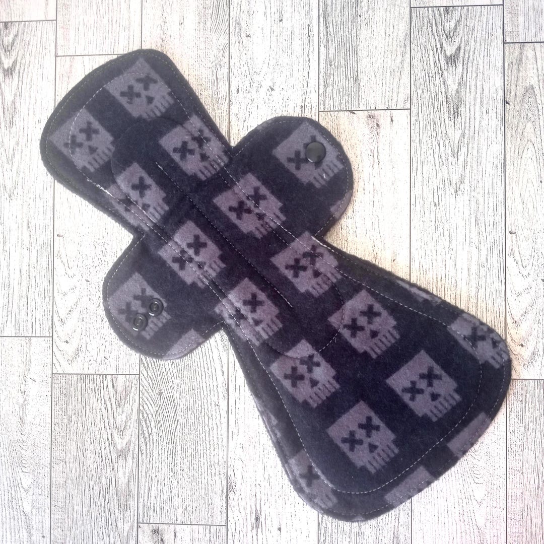 13" Super Heavy Asymmetrical Reusable Cloth Pad - Block Skulls Flannel ...