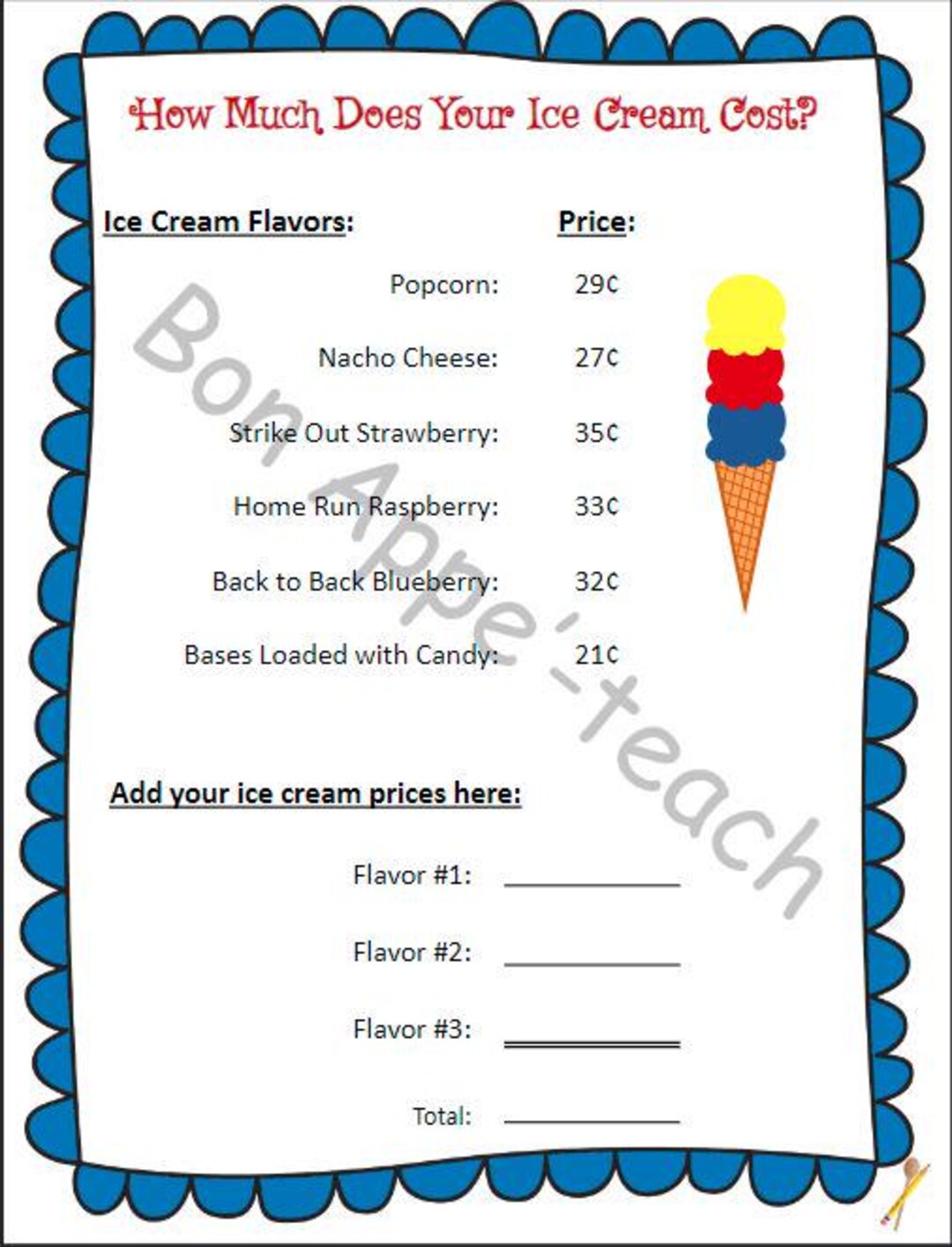 How Much Does Your Ice Cream Cost? Baseball Theme Grades 2- 5 - Etsy