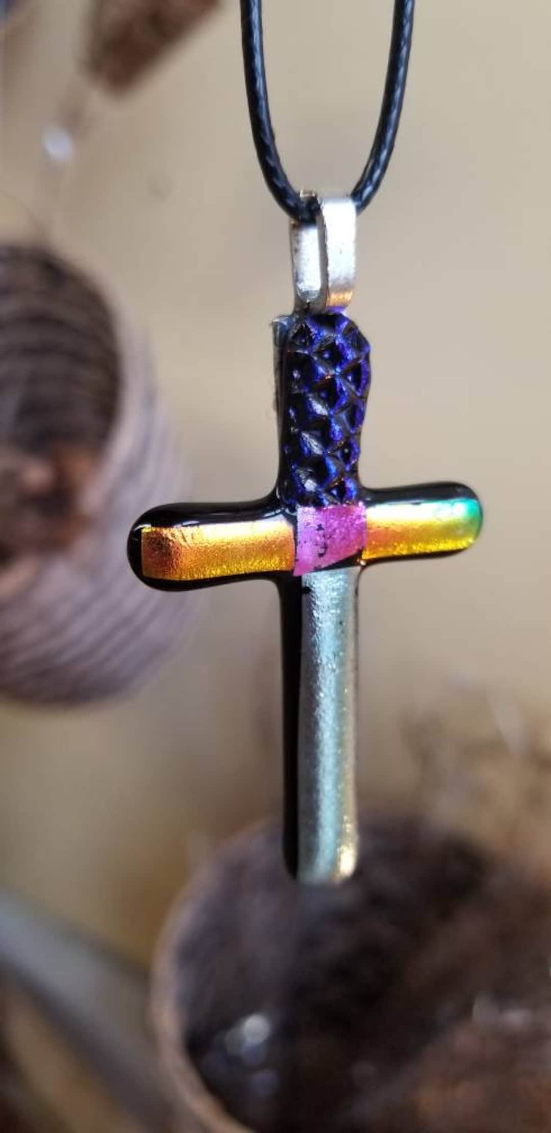 Multicolor Cross Pendant, Fused Glass Art, Dichroic Glass Cross ...