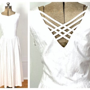 70s Lanz White Cottagecore Cotton Dress Ethereal Brocade Caged Dress ...