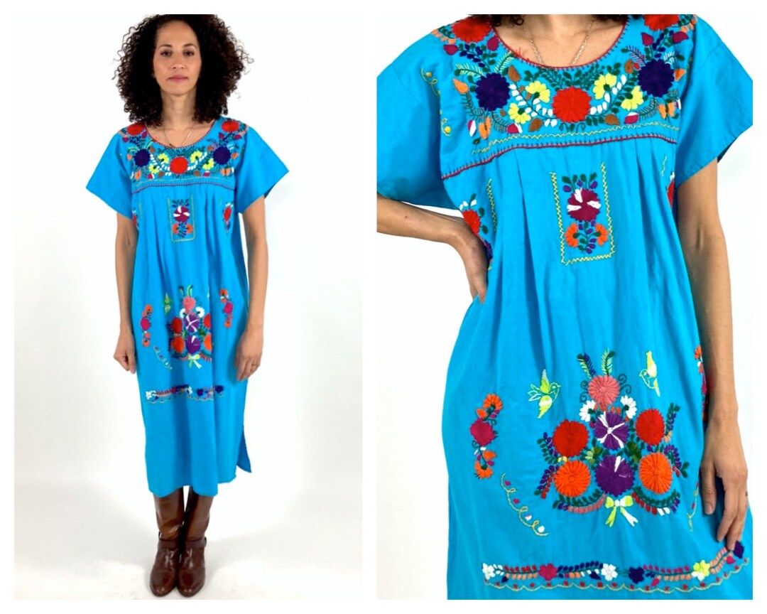 70s Blue Oaxacan Embroidered Maxi Dress Mexican Wedding Boho - Etsy