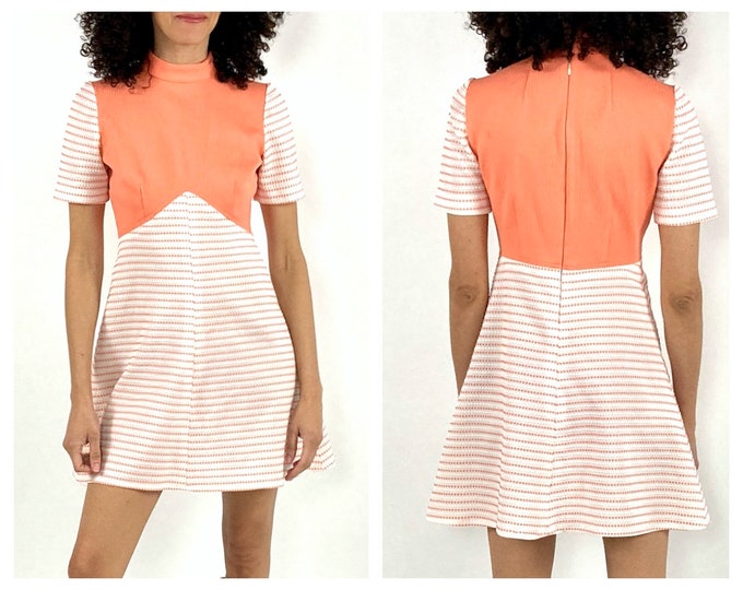 60s Orange A Line Mini Dress White Striped Micro Mini Dress Colorblock ...