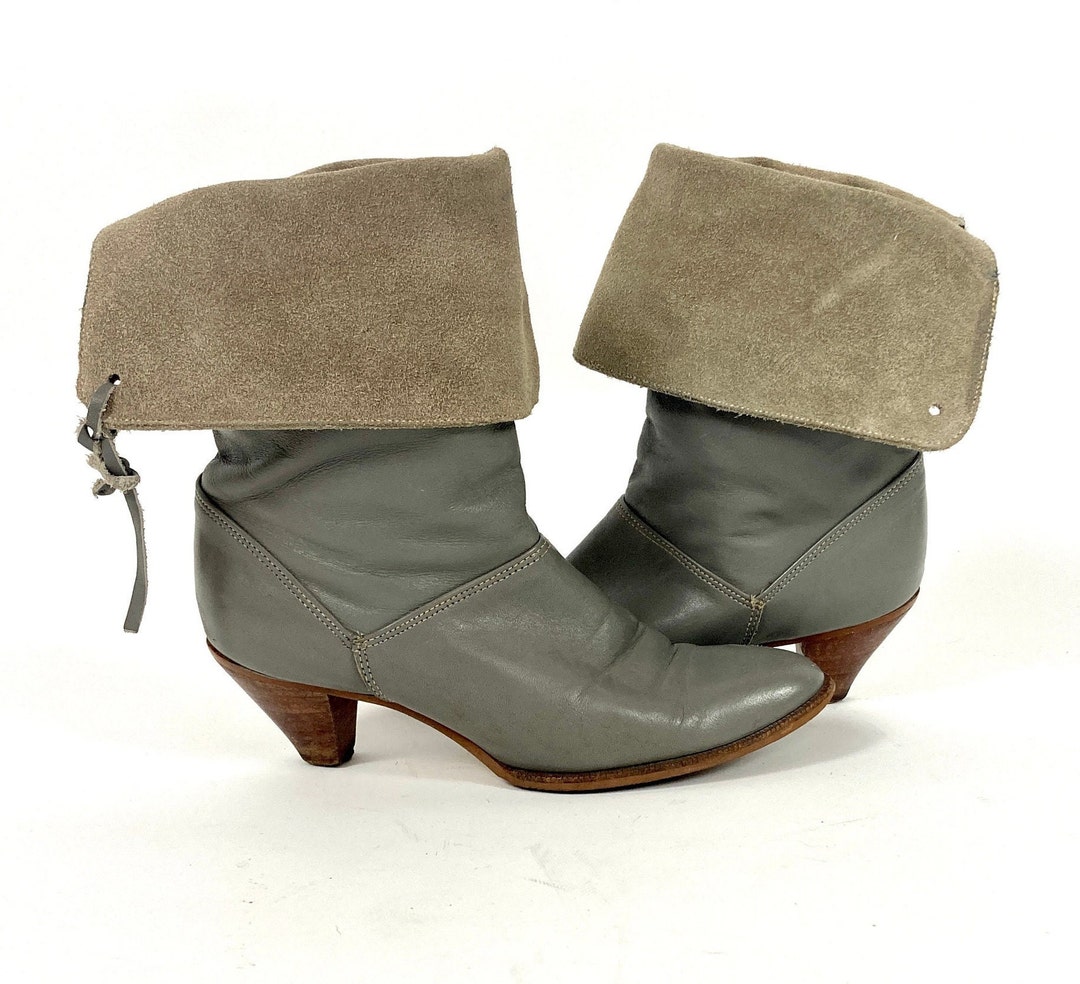 80s Gray Cropped Leather Pirate Cuff Folded Suede Boots High Heel Dingo ...