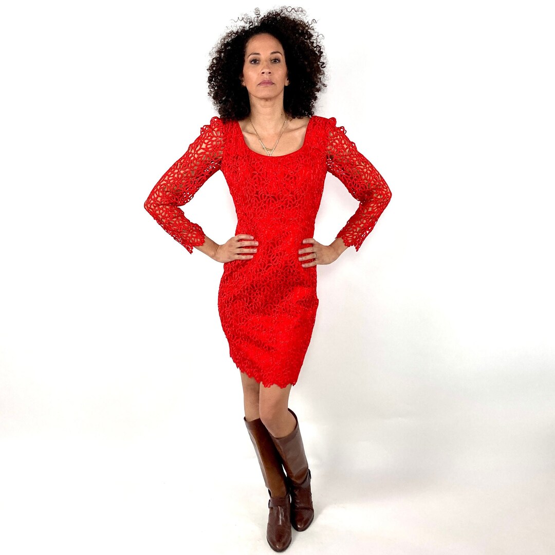 80s Red Avant Garde Sheer Lattice Cut Out Cocktail Dress Origami ...