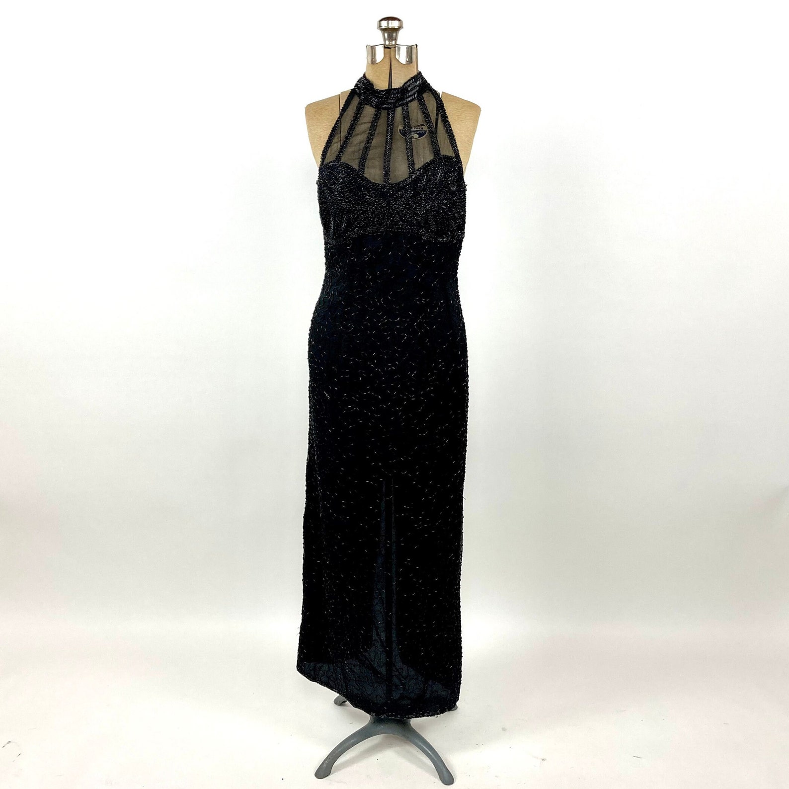 80s Black Beaded Halter Evening Gown Sheer Cage High Slit - Etsy