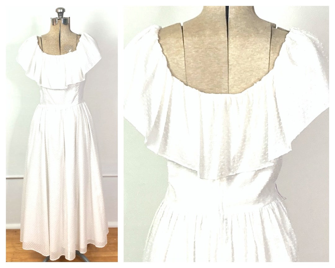 70s Lanz White Cottagecore Cotton Dress Ethereal Textured Lace Ruffle ...