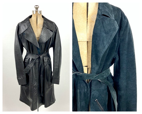 Vintage 70s Black Leather Trench Spy Jacket Reversible Suede - Etsy