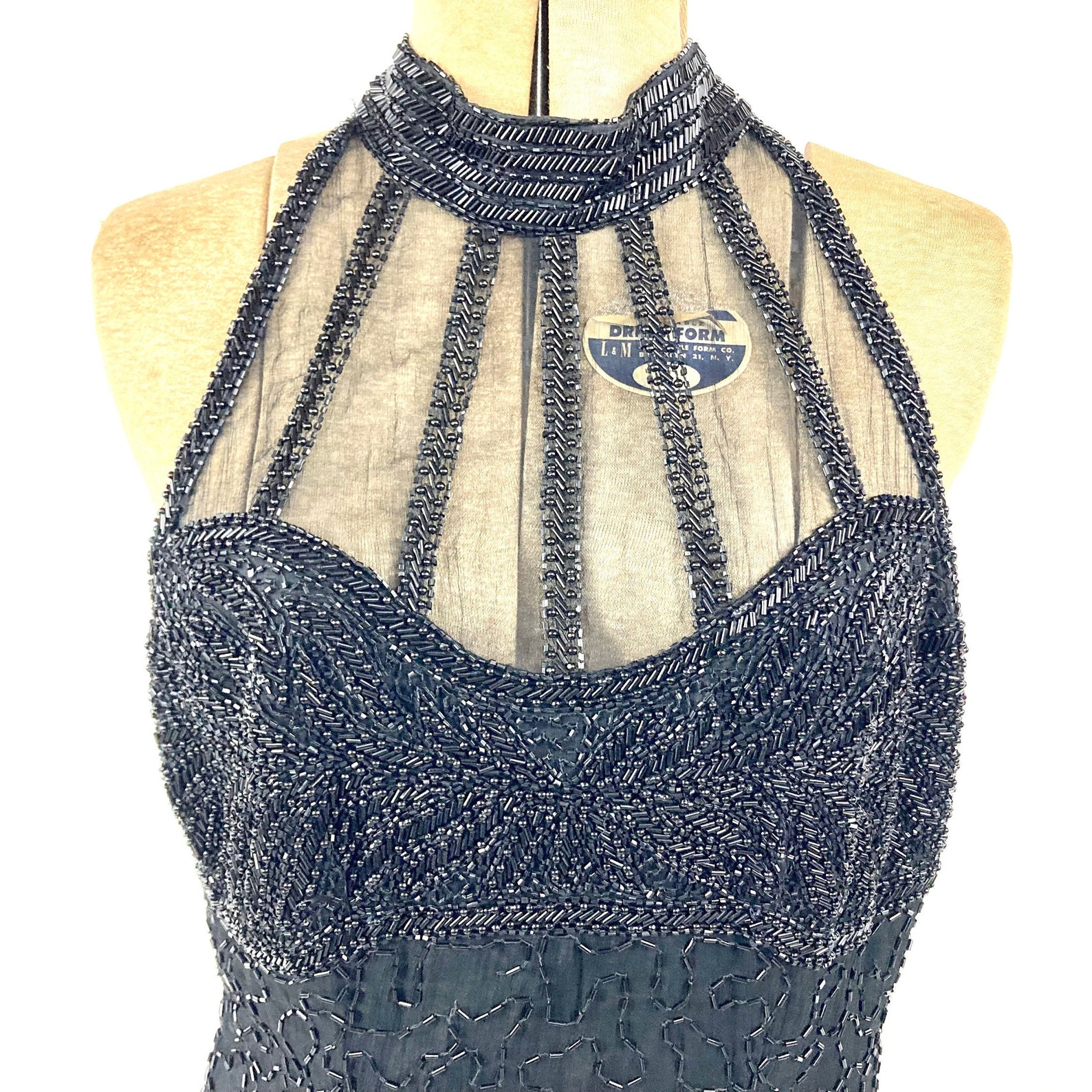 80s Black Beaded Halter Evening Gown Sheer Cage High Slit - Etsy