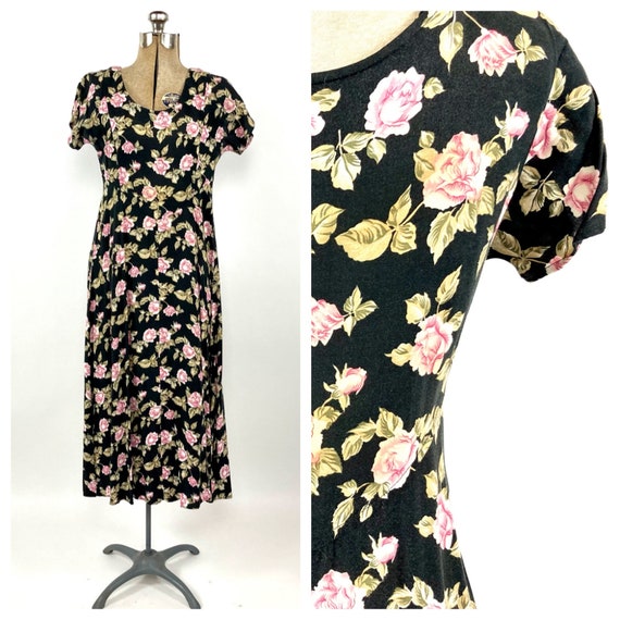 90s Pink Black Floral Maxi Dress Rose Print Cotton Dr… - Gem