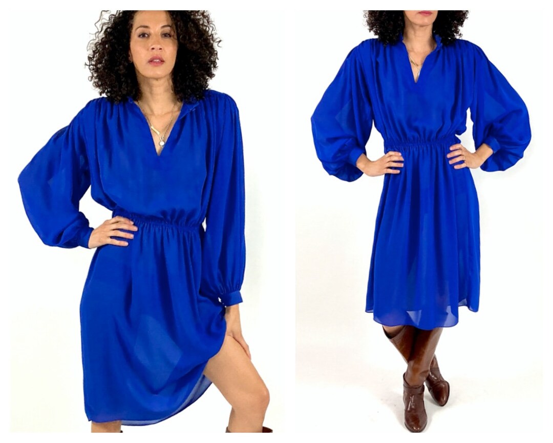 70s Cobalt Blue Sheer Dress Billow Long Sleeve Party Dress Draped ...