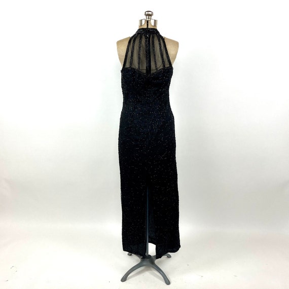 80s Black Beaded Halter Evening Gown Sheer Cage High … - Gem