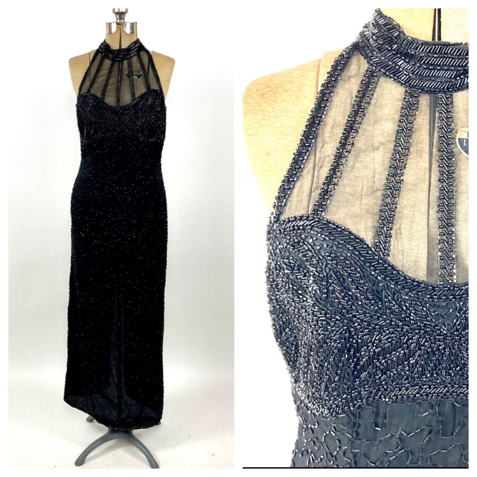 80s Black Beaded Halter Evening Gown Sheer Cage High Slit - Etsy