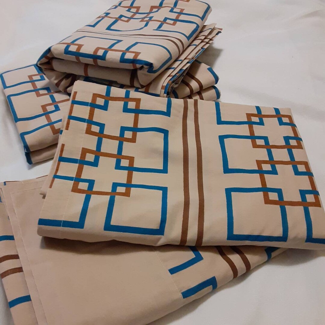 Rare 1976 YSL Geometric Boxes II Bed Sheets, Beige, Brown & Blue ...