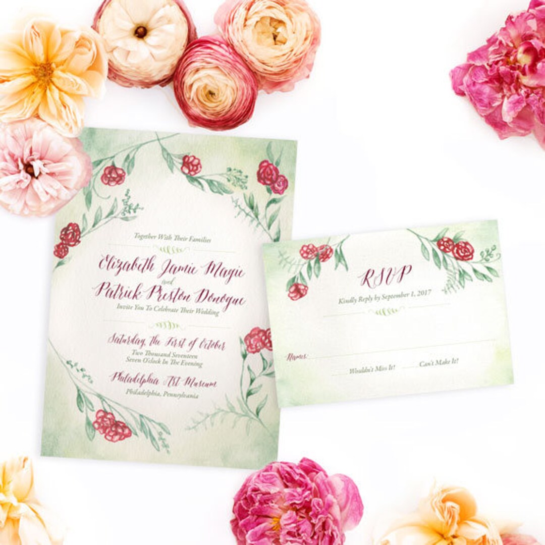 Rose Vine Wedding Invitation, Watercolor Wedding Invitation, Woodsy ...