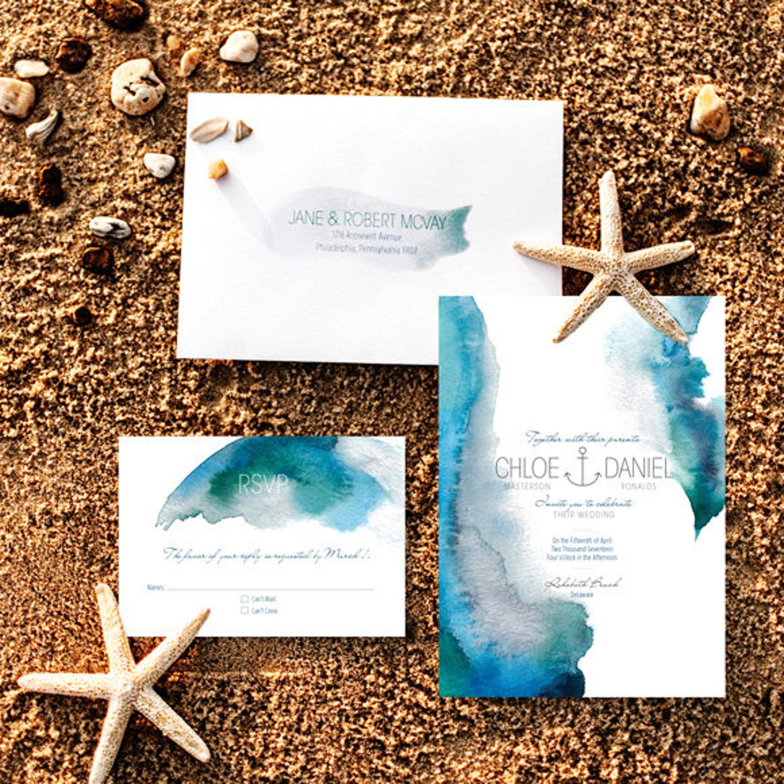 Modern Beach Wedding Invitation Watercolor Wedding - Etsy