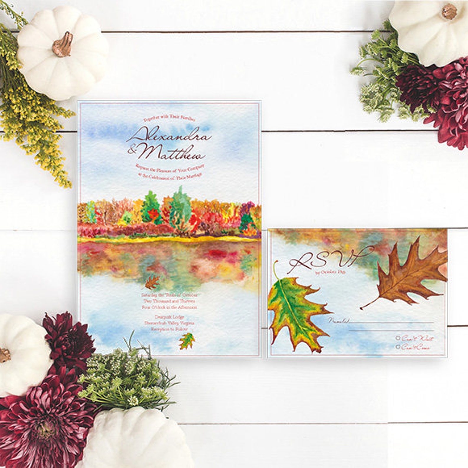 Autumn Reflections Wedding Invitation, Watercolor Wedding Invitation ...