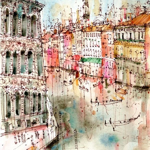 VENICE CANAL CANVAS, View Over Grand Canal, Watercolor Painting, Italy ...