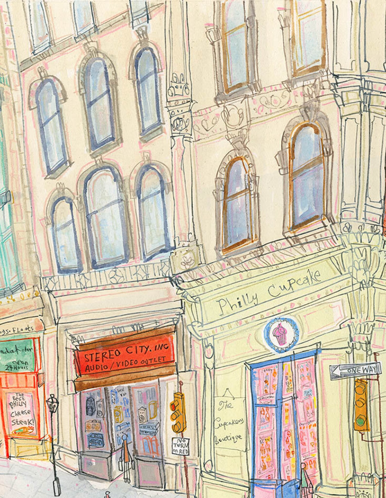 Philadelphia Art, Philly Wall Art, Cupcake Shop Drawing, Watercolor ...
