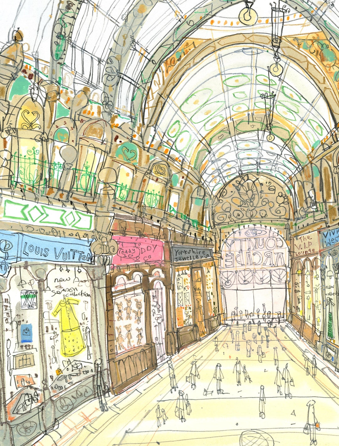 County Arcade Leeds, Shop Fronts Sketch, 11x14 Art Print, Yorkshire ...