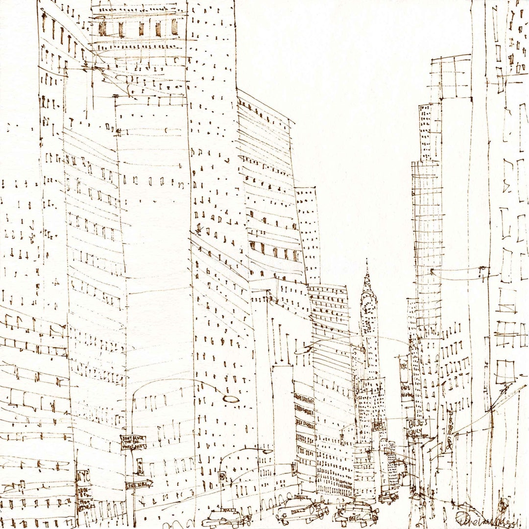 New York Pen Sketch, NYC Giclee Print, Manhattan Drawing Taxi Cab ...