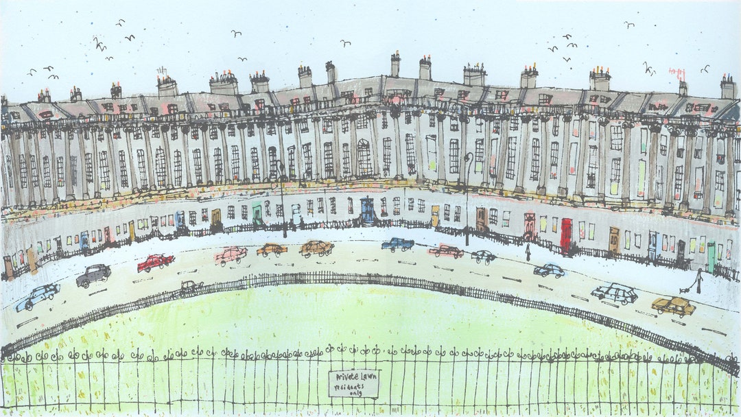 ROYAL CRESCENT BATH, Art Print, Bath Drawing, Giclee Print, Mixed Media ...