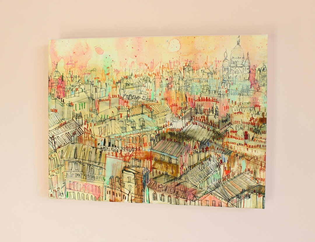 PARIS SKYLINE CANVAS Paris Rooftop Drawing, Stretched Giclee Canvas ...