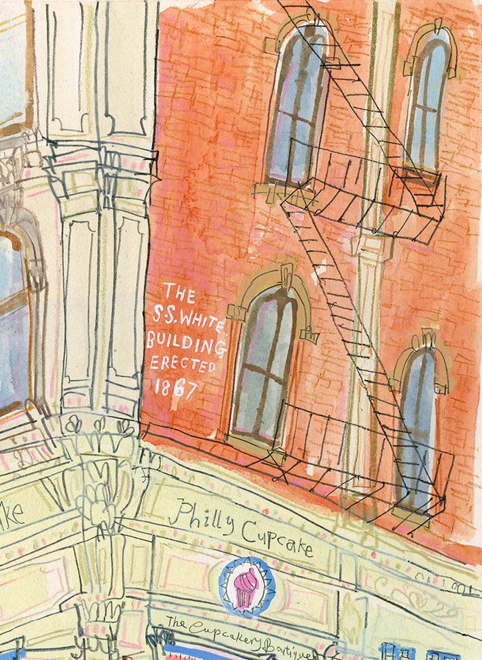 Philadelphia Art, Philly Wall Art, Cupcake Shop Drawing, Watercolor ...
