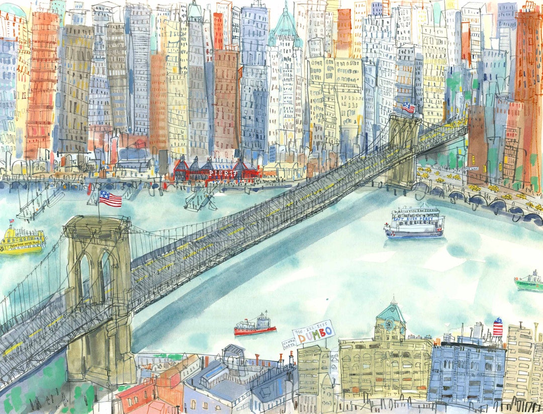 BROOKLYN BRIDGE HORIZONTAL 14x11 New York Print, Manhattan Wall Decor ...