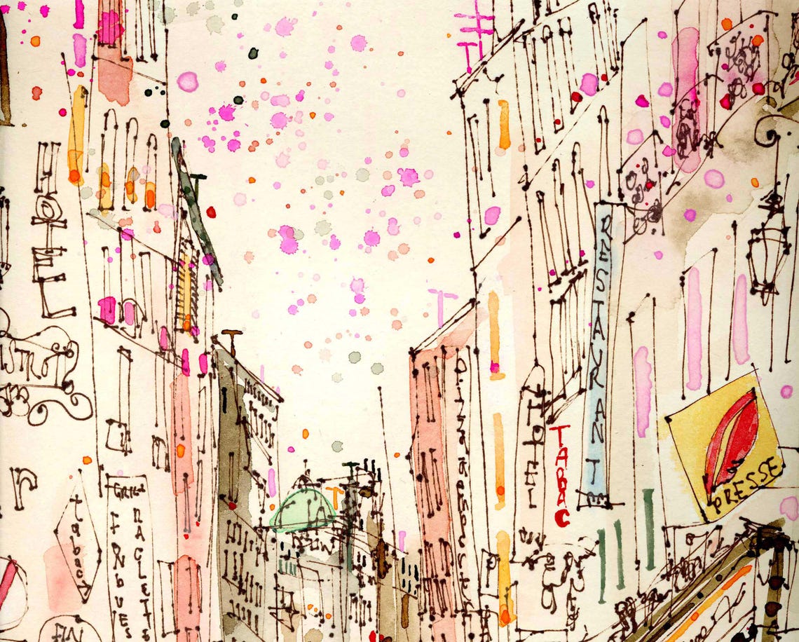 PARIS STREET SKETCH Parisian Drawing, Print of Paris Marais, Mixed ...