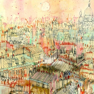 PARIS SKYLINE CANVAS Paris Rooftop Drawing, Stretched Giclee Canvas ...