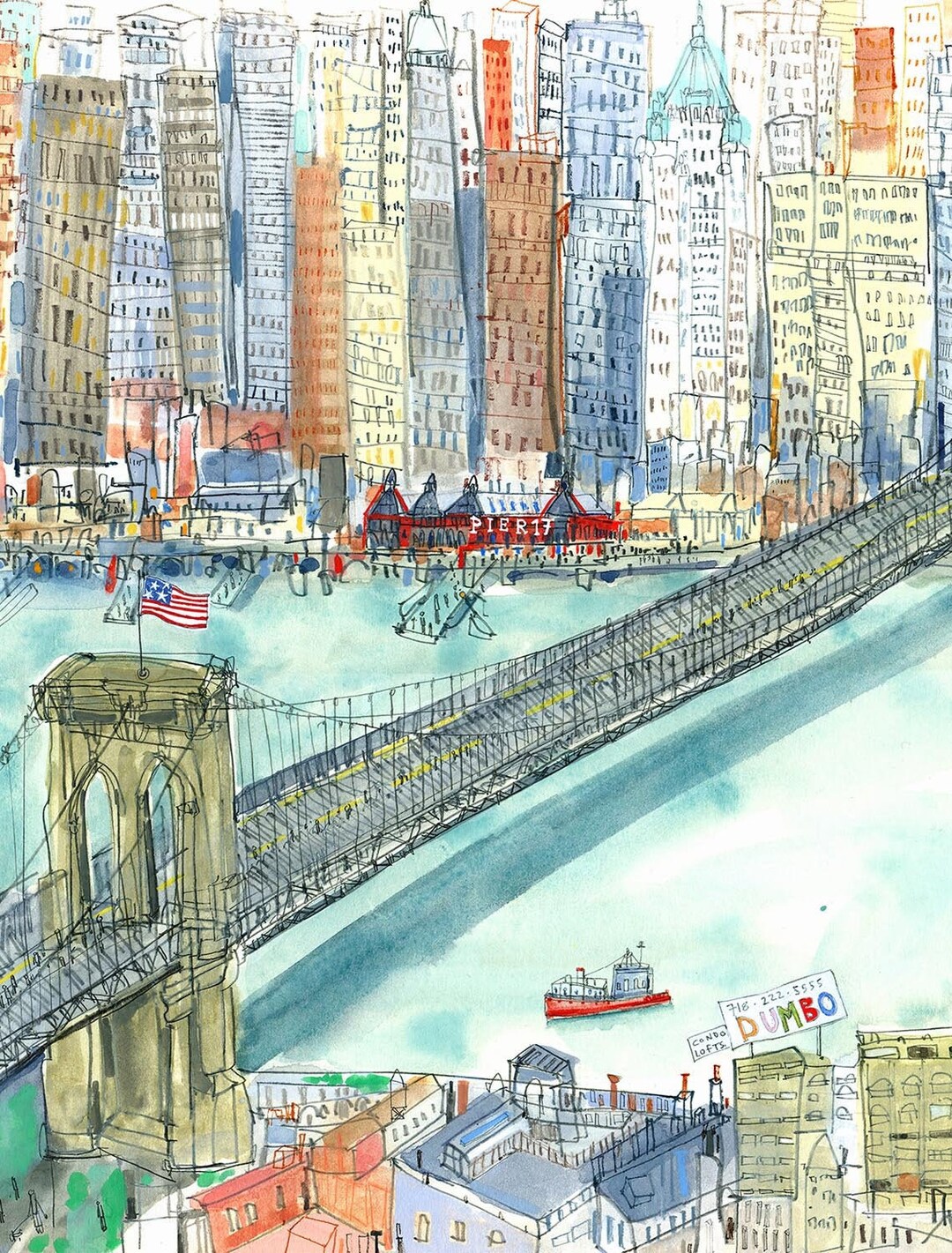 BROOKLYN BRIDGE, 11x14 New York Print, Manhattan Wall Decor, NYC Bridge ...