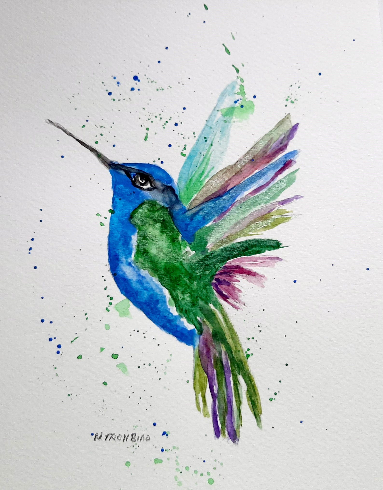 Blue Hummingbird, Original Watercolor Painting, Bird Painting, Mat Size ...