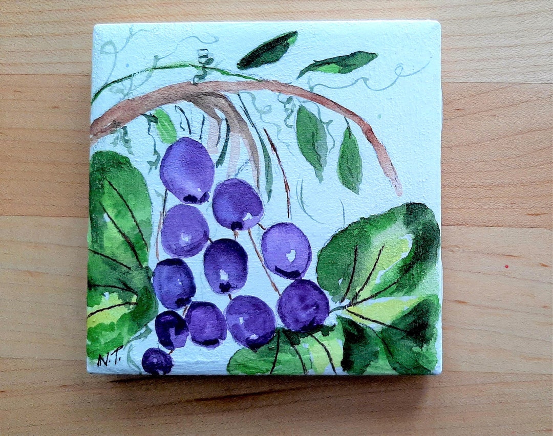 Handmade Grapes Ceramic Tile Coaster: Original Watercolor Fruit ...