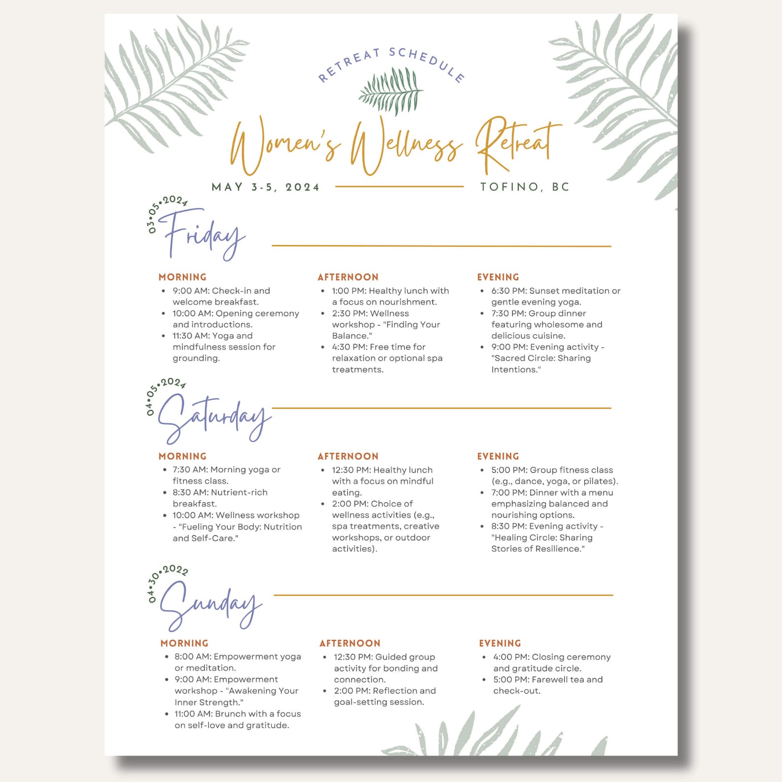 Women's Wellness Retreat Itinerary Template Three-day Retreat Schedule ...