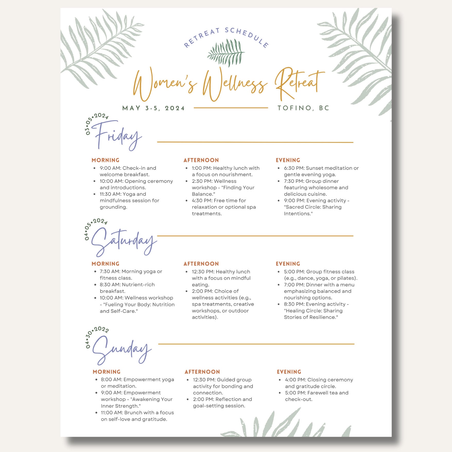 Women's Wellness Retreat Itinerary Template Three-day Retreat Schedule ...