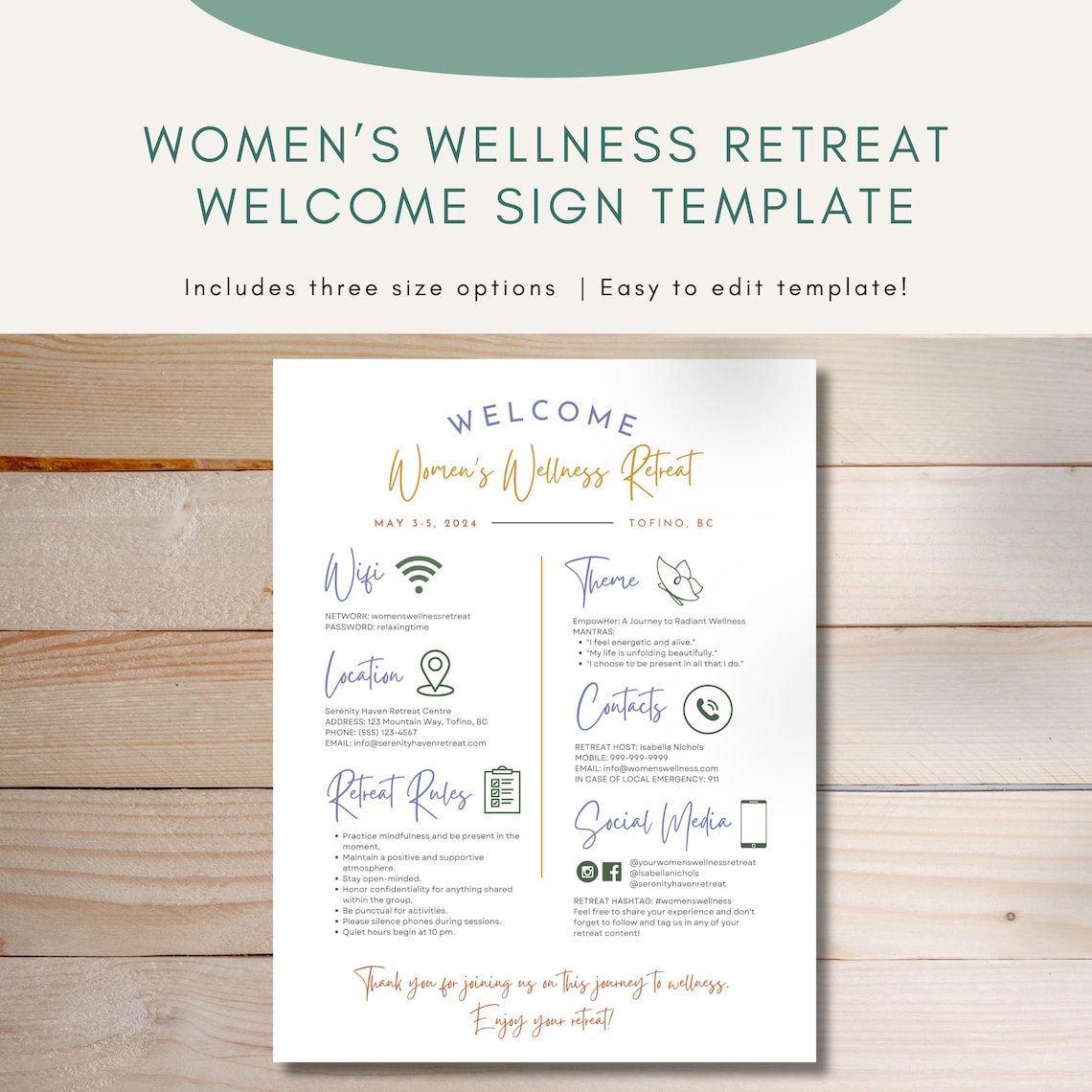 Women's Wellness Retreat Welcome Sign Template Guest Arrival Poster ...