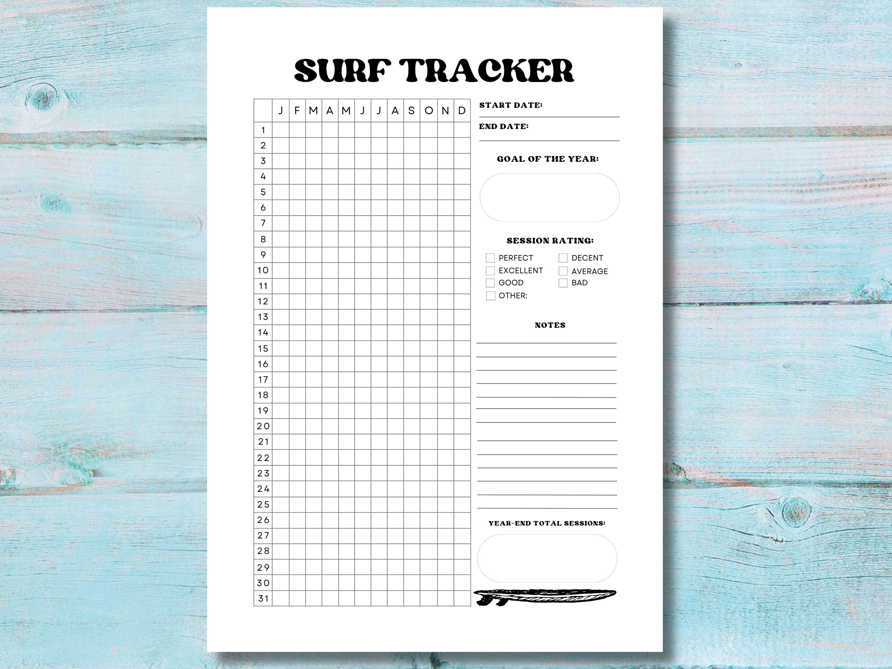 Surf Session Tracker Printable Sheet Yearly Surf Tracker Yearly Surf ...