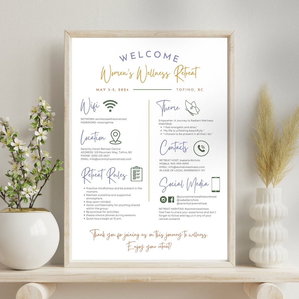 Women's Wellness Retreat Welcome Sign Template | Guest Arrival Poster ...