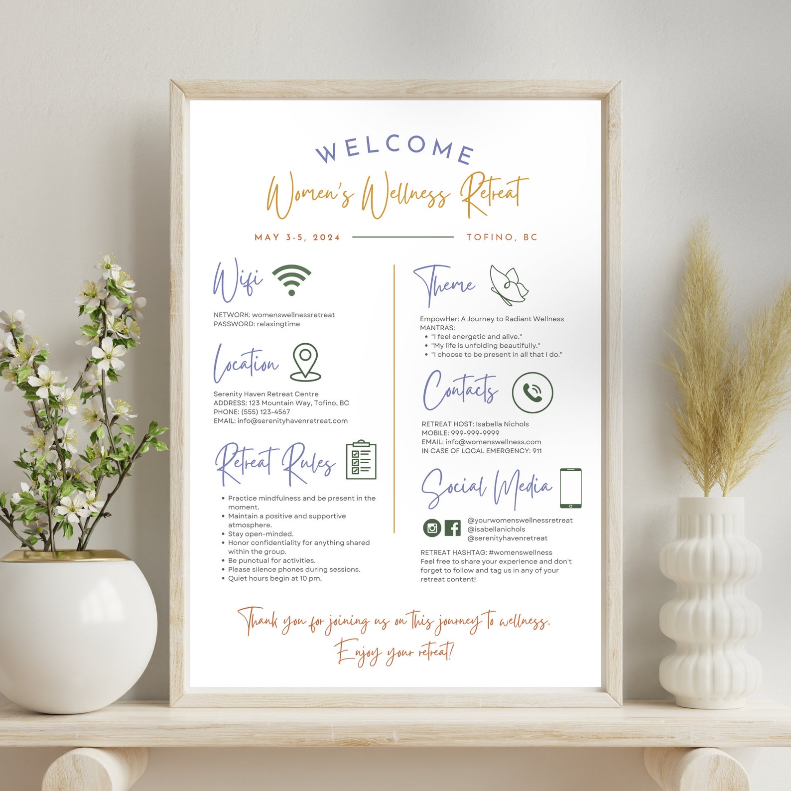 Women's Wellness Retreat Welcome Sign Template | Guest Arrival Poster ...