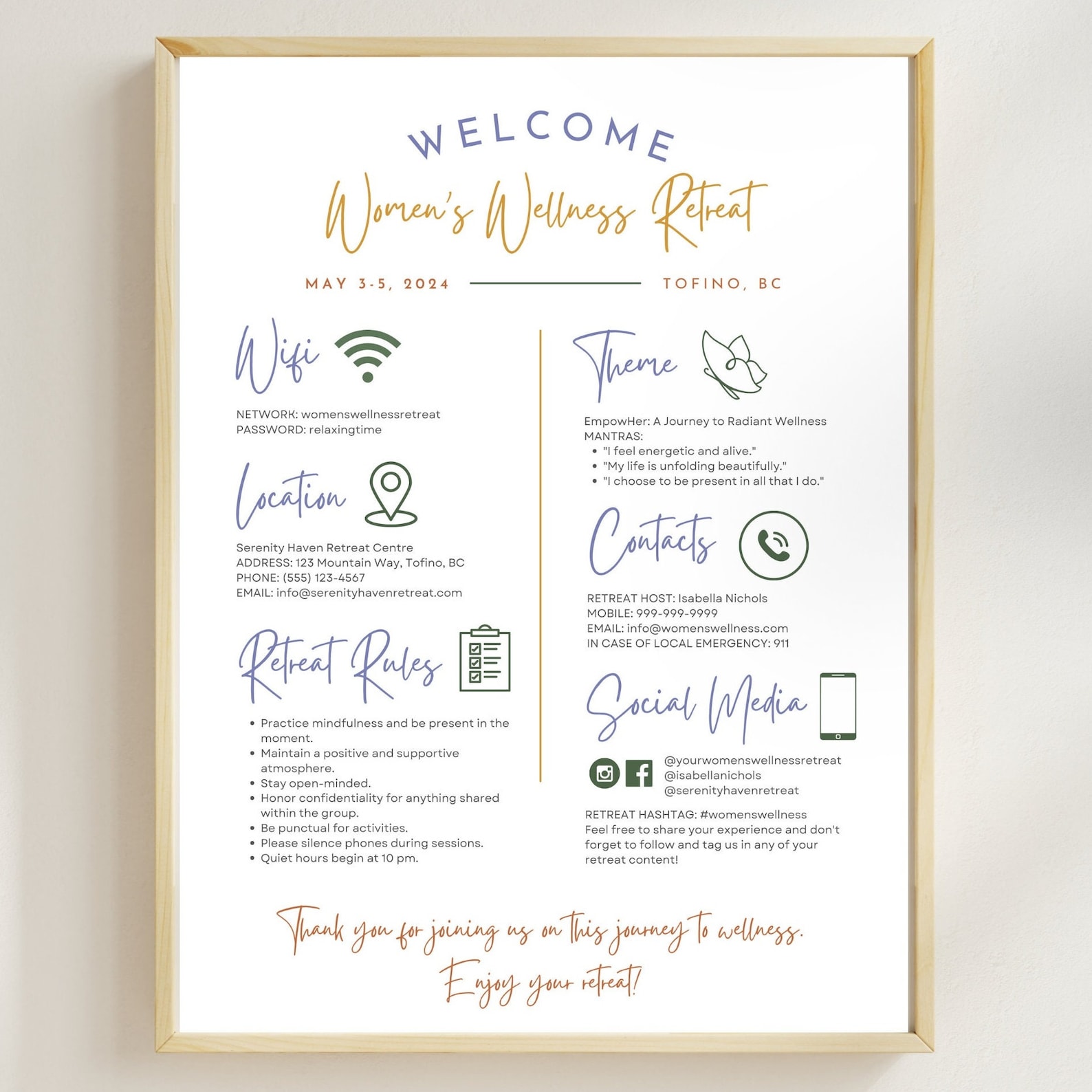 Women's Wellness Retreat Welcome Sign Template Guest Arrival Poster ...