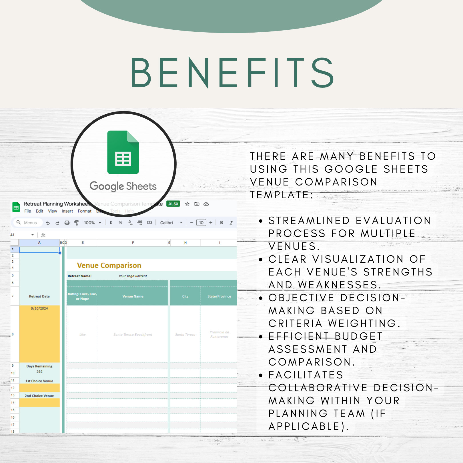Retreat Planning Venue Comparison Template | Editable Google Sheets ...