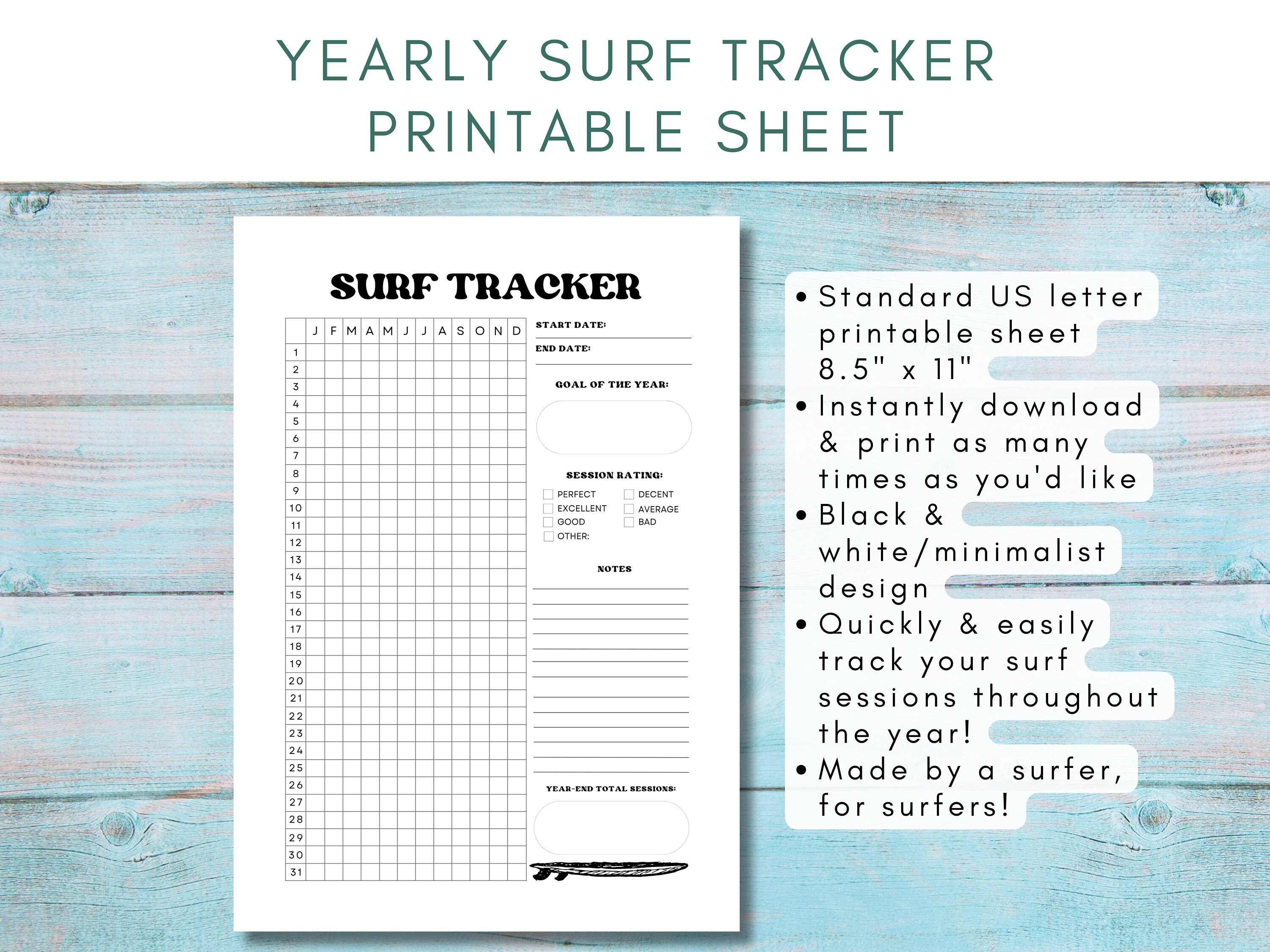 Surf Session Tracker Printable Sheet | Yearly Surf Tracker | Yearly ...