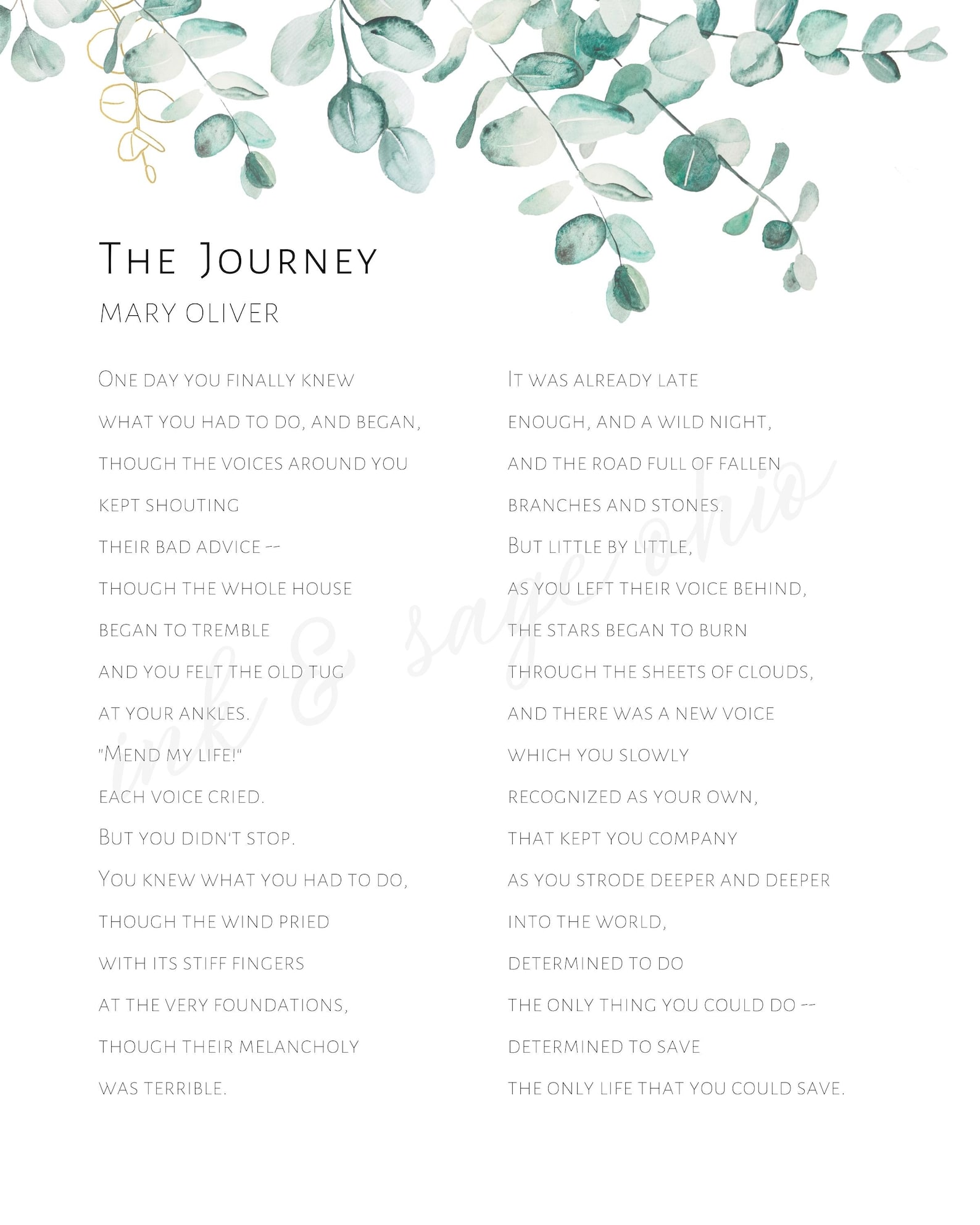 The Journey Mary Oliver Poem Printable / Quotable Wall Art / Poetry ...