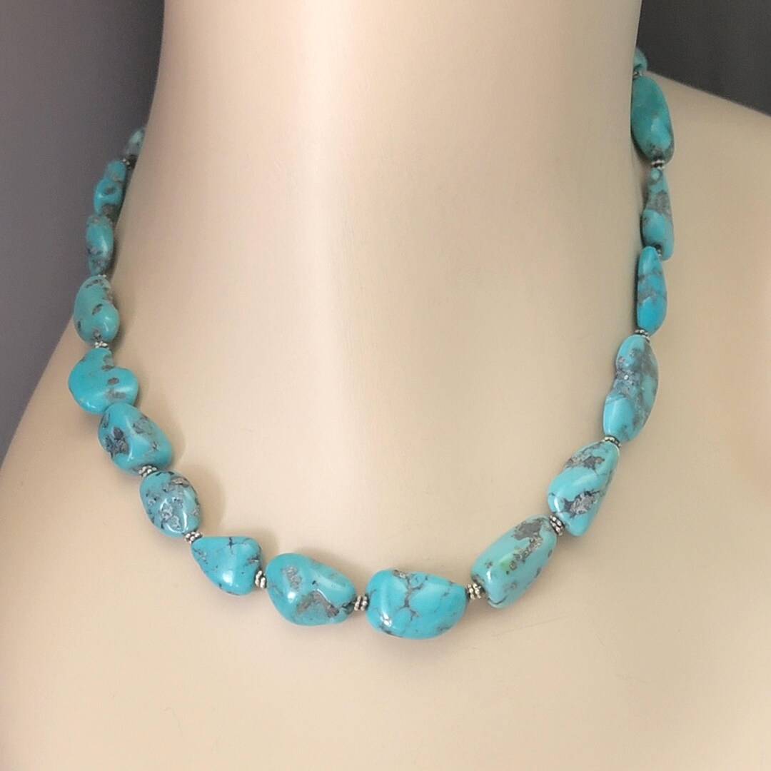 Turquoise Necklace, Sterling Silver, Natural Nugget Turquoise, Handmade ...