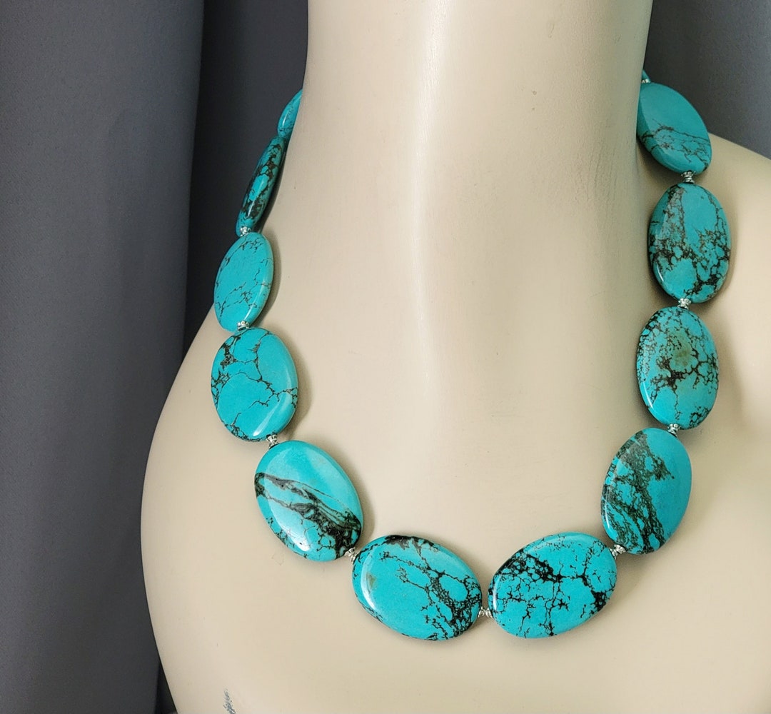 Chunky Turquoise Bead Necklace, Sterling Silver Necklace, Natural ...