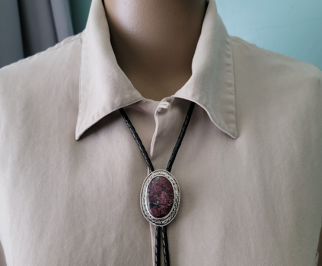 Bolo Tie, Natural Stone Bolo, Lariat Braided Leather Bolo Tie, Sterling ...