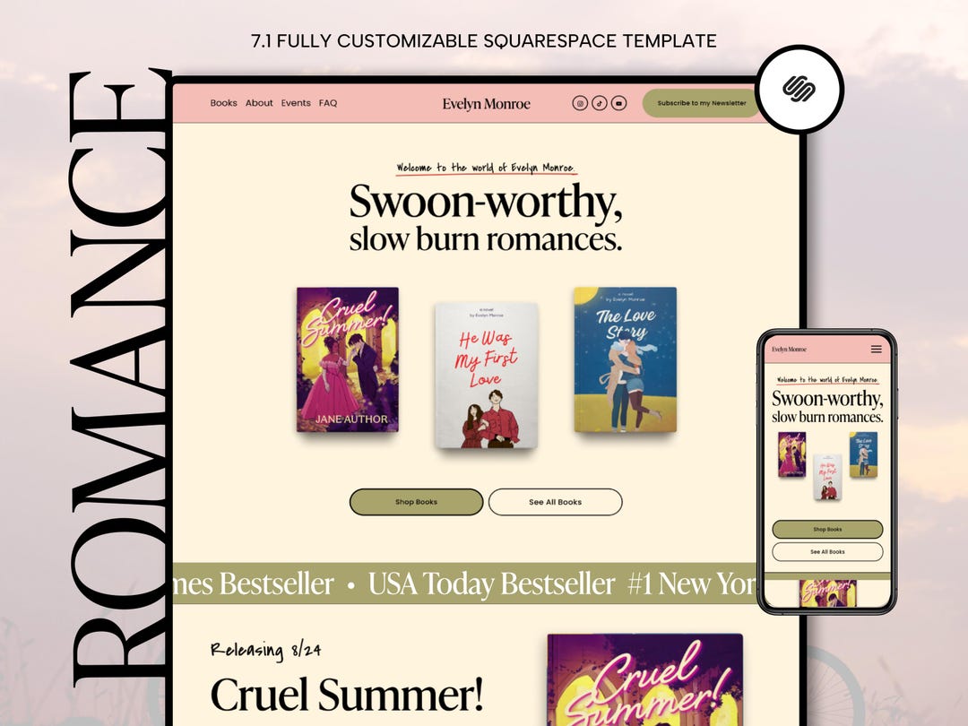 Contemporary Romance Author Squarespace Website Template - Easy-to ...